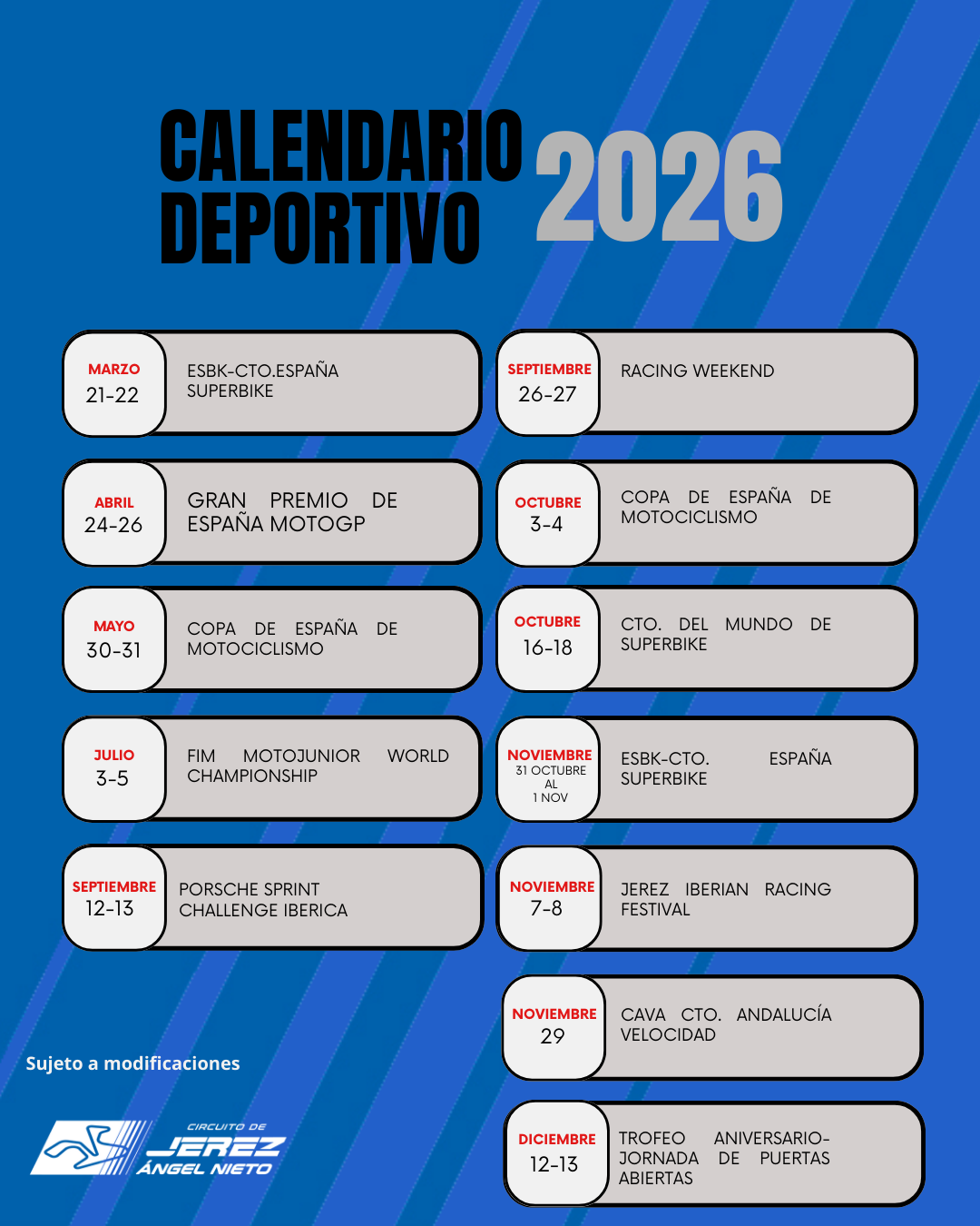 Calendario deportivo del Circuito de Jerez durante la temporada 2026 ...